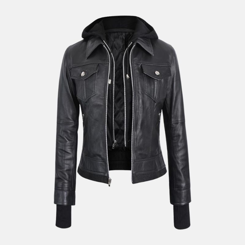 Black Leather Bomber Jacket Women - with Removable Hood