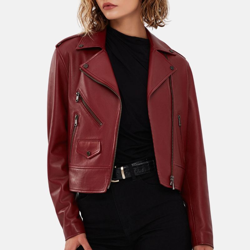 Womens Biker Dark Red Leather Jacket - Shop Now